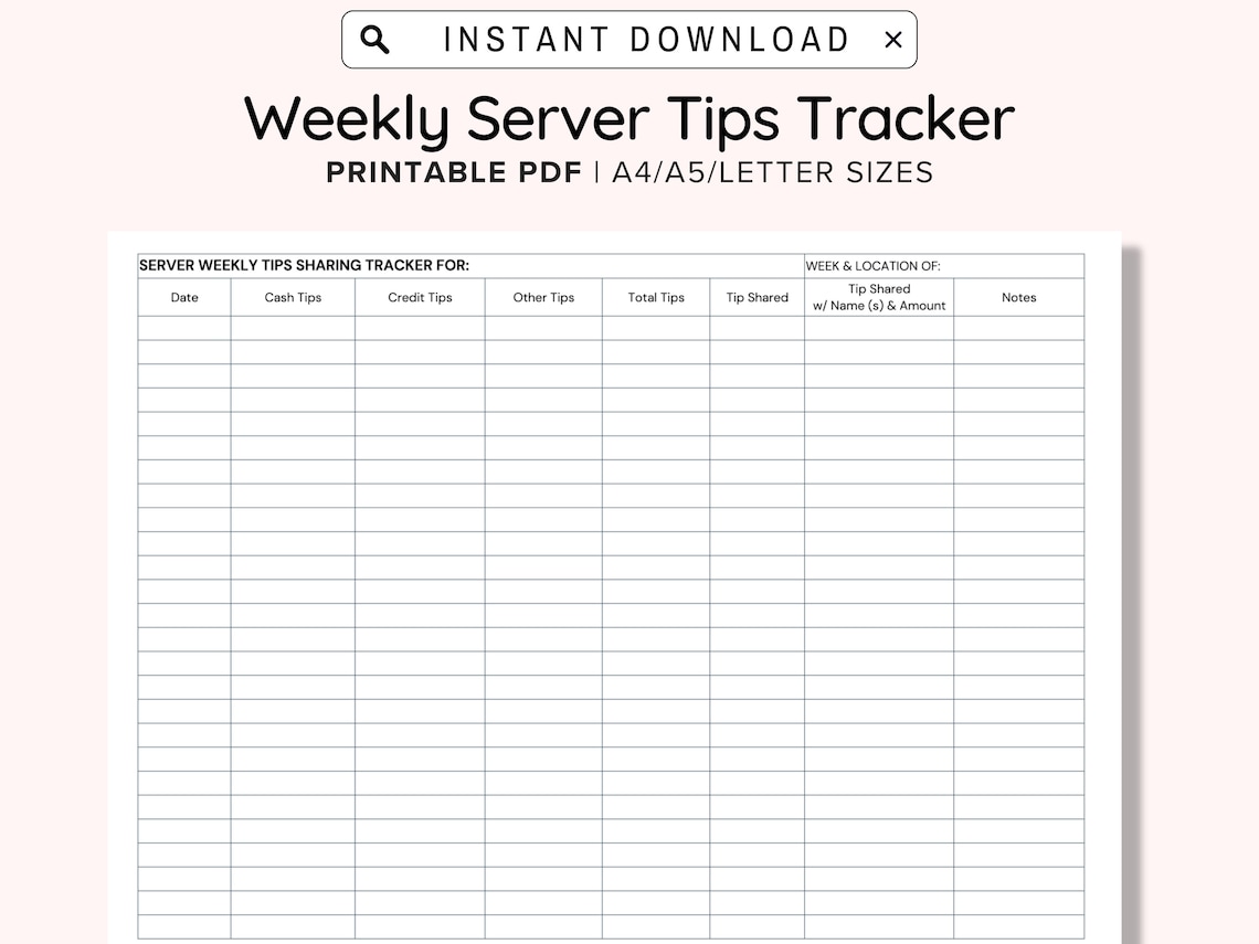 Server Tips Tracker Sheet Printable, for Tip Sharing Weekly Breakdown ...