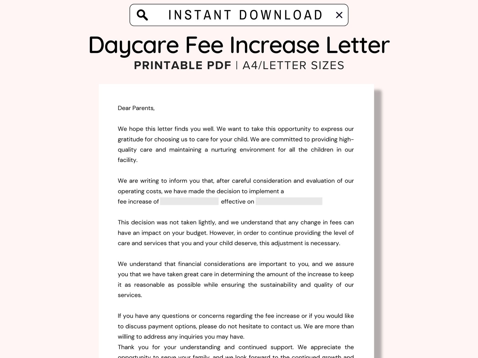 Daycare Fee Increase Letter Printable, Childcare Rate Increase Letter ...