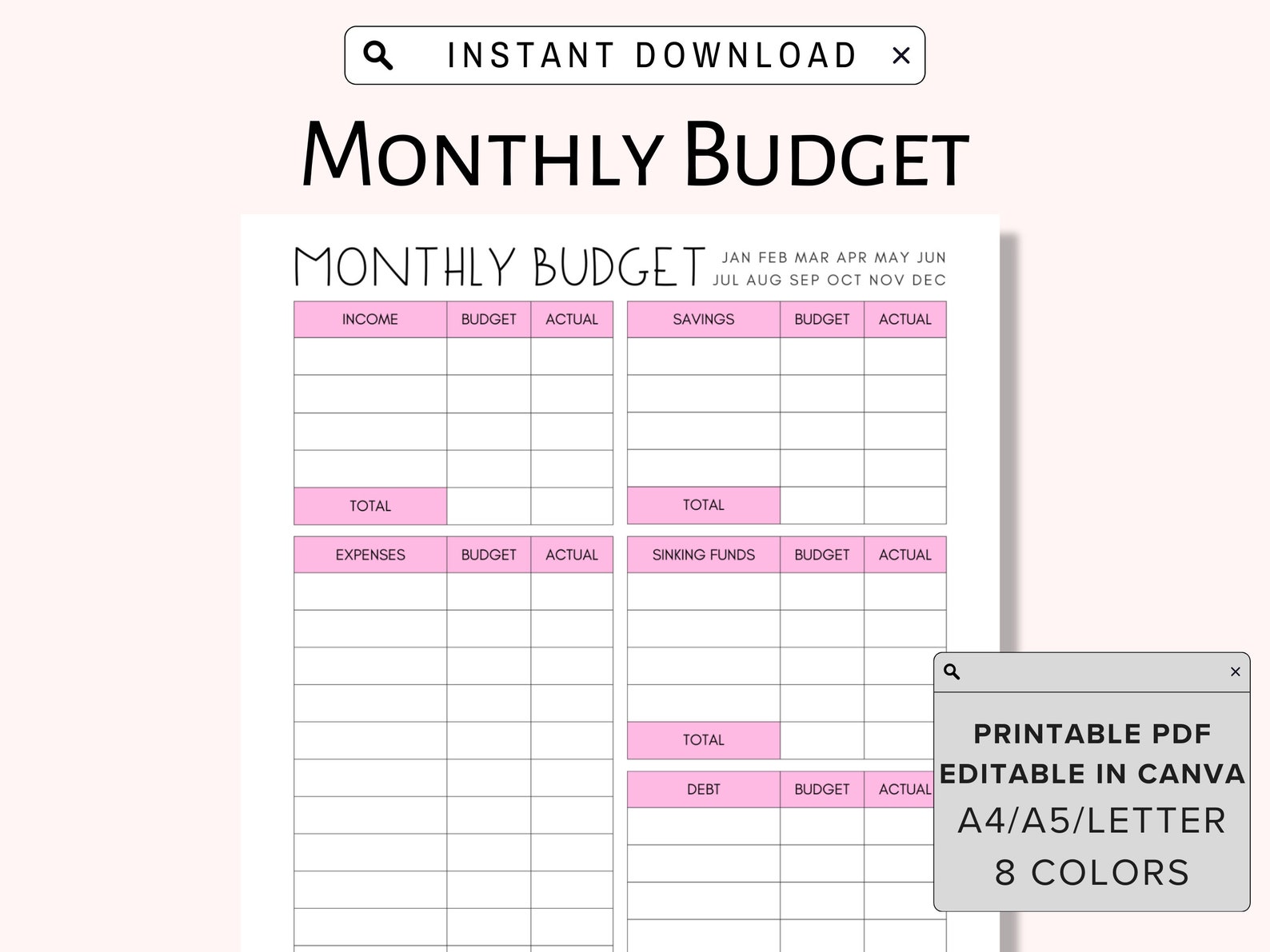 Editable MONTHLY Budget Overview Template, Budget Binder, Budget ...