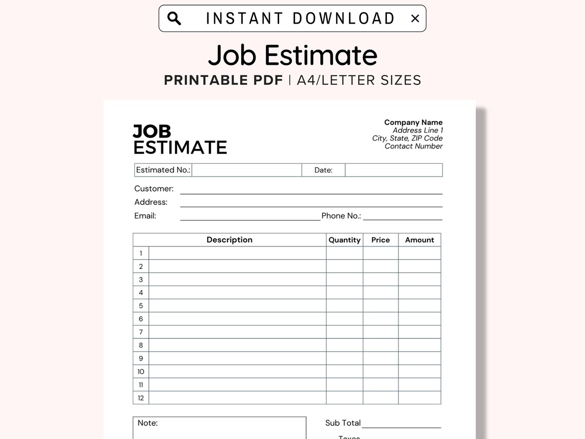 Job Estimate Template, Printable Job Estimate Template PDF, Editable ...