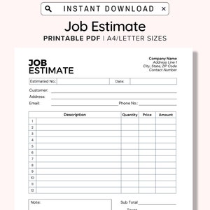 Job Estimate Template, Printable Job Estimate Template PDF, Editable ...