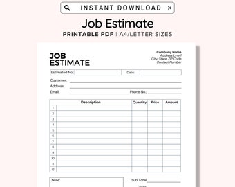 Job Estimate Template, Printable Job Estimate Template PDF, Editable ...