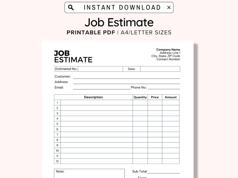 Job Estimate Template, Printable Job Estimate Template PDF, Editable ...