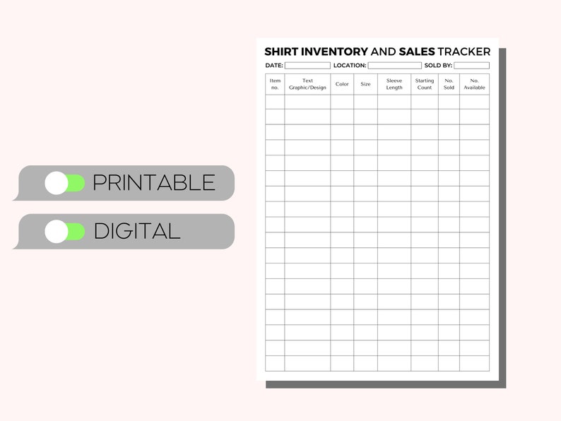 Shirt Inventory and Sales Tracker Printable, Sales Log Sheet, Inventory ...