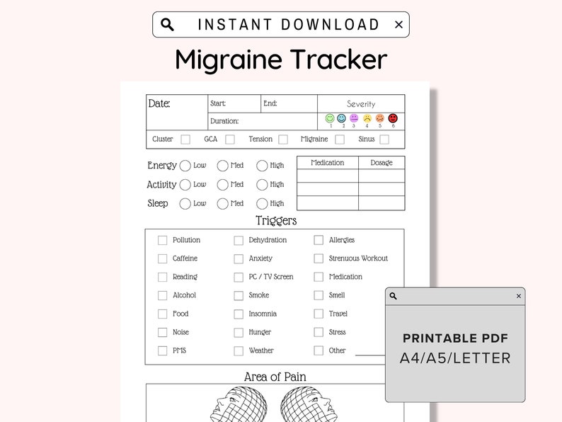 Migraine Tracker Printable Migraine Journal Headache Log Chronic Pain ...