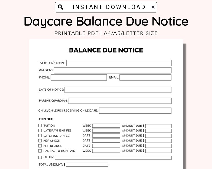 Daycare Balance Due Printable, Childcare Center Late Payment Notice, Past Due Tuition Statement ...