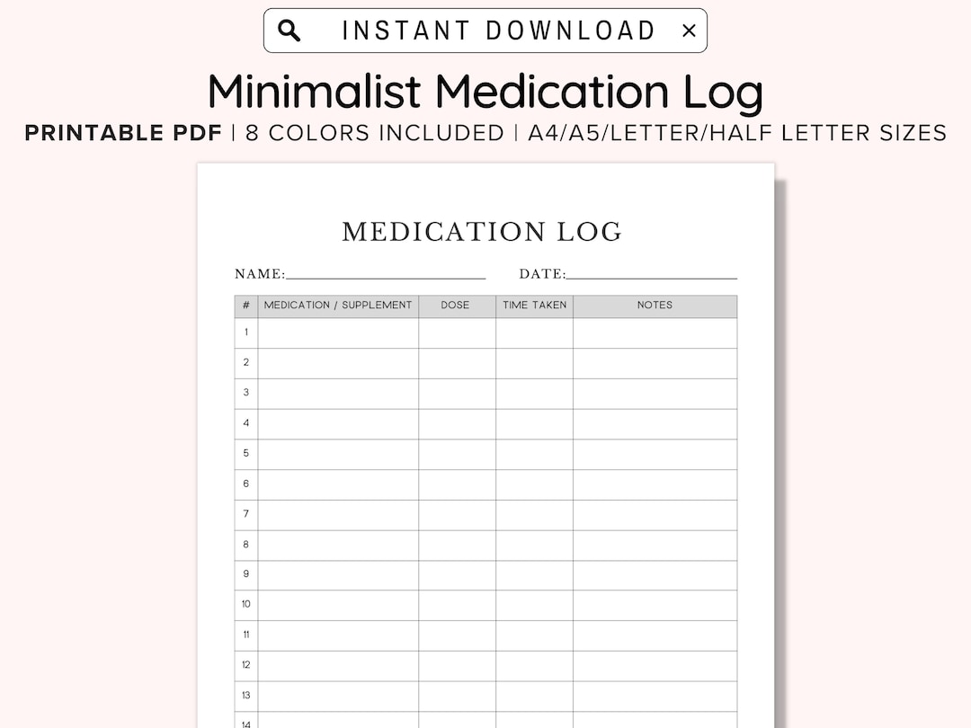Printable Medication Log, Ready to Print Medication Log Chart, Post ...