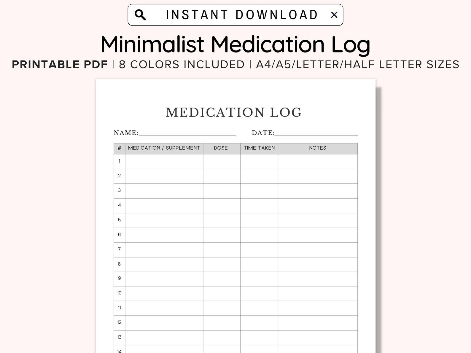 Printable Medication Log, Ready to Print Medication Log Chart, Post ...