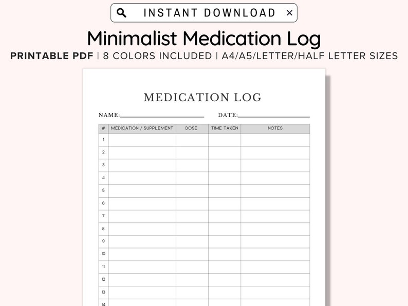 Printable Medication Log, Ready to Print Medication Log Chart, Post ...