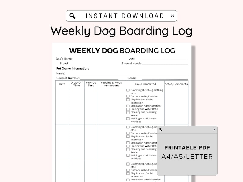 Essential Weekly Dog Boarding Log Printable, for a Kennel or Home ...