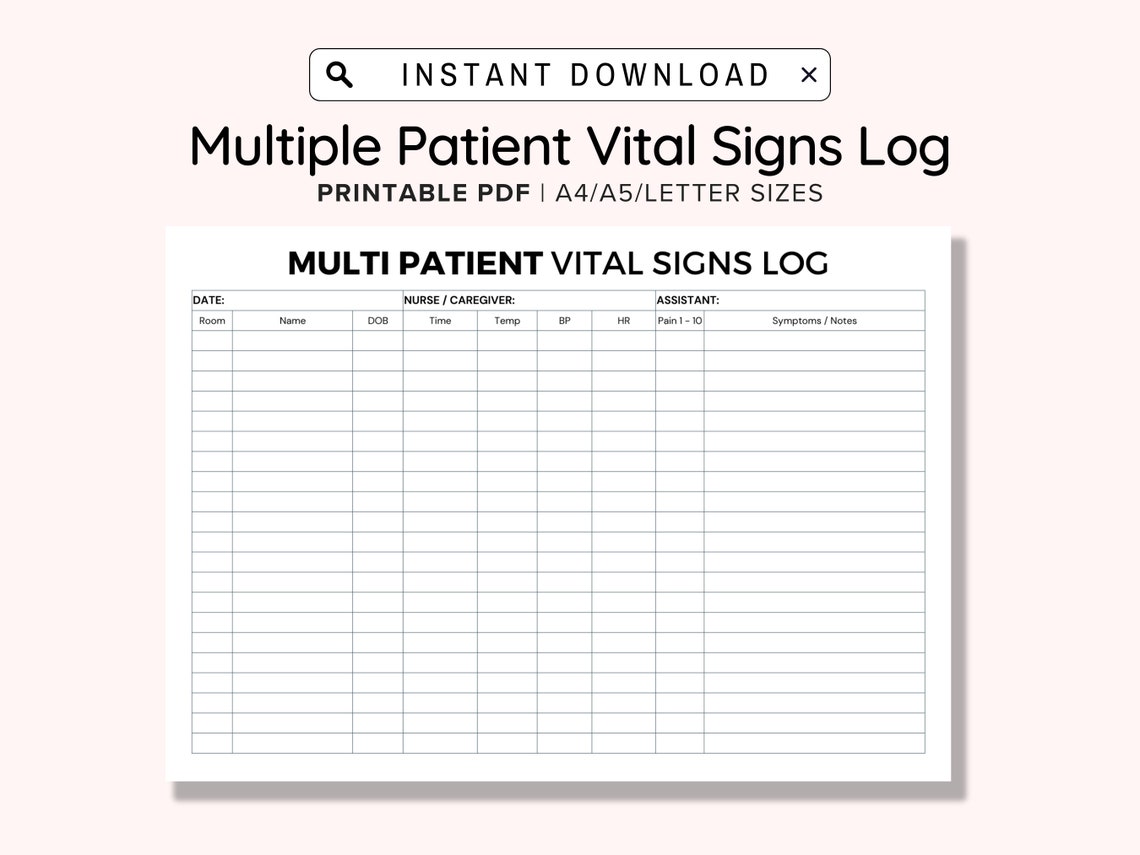 Printable Multiple Patients Vital Signs Log, PDF Digital Downloads A4 ...