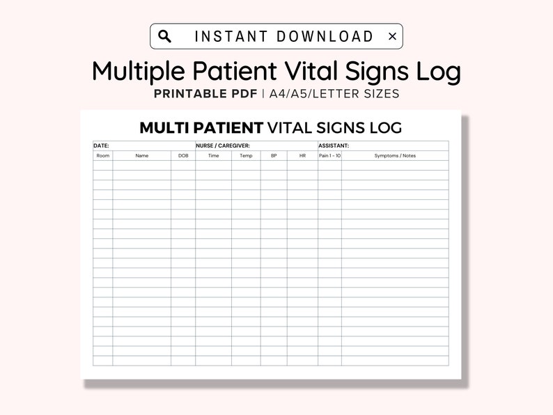 Printable Multiple Patients Vital Signs Log, PDF Digital Downloads A4 ...