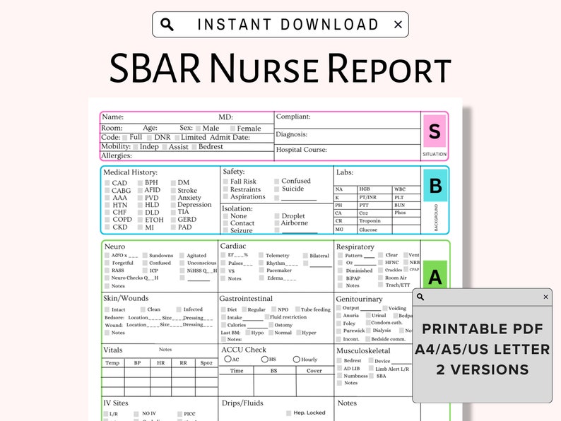 SBAR Nurse Report Sheet Med Surg Nurse Brain ICU Report Sheet for Nurse ...