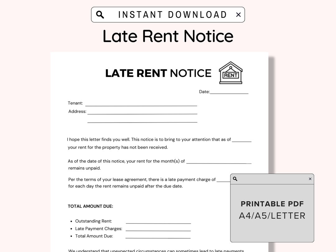 Late Rent Notice Printable, Past Due Rent Notice Template, Late Payment ...