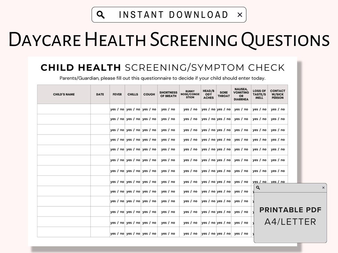 Health Screening Questions Printable, Daycare Symptom Check Sign in ...