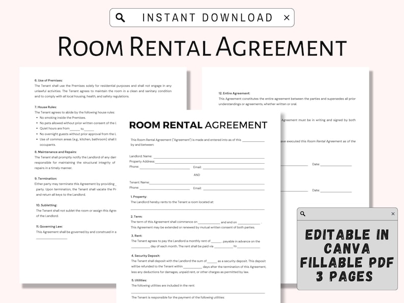 Fillable PDF Room Rental Agreement Printable Template Editable in Canva ...
