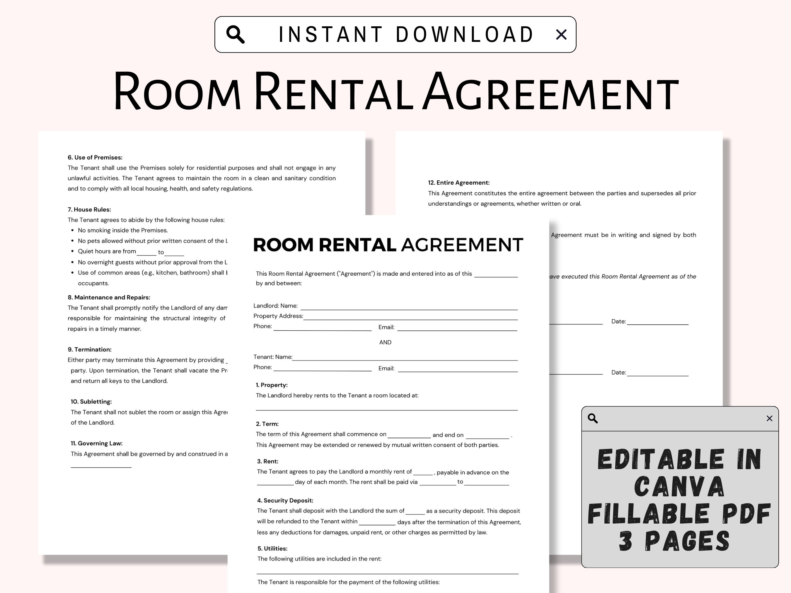 Fillable PDF Room Rental Agreement Printable Template Editable in Canva ...