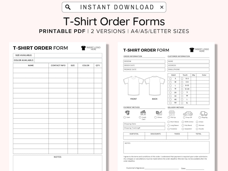 Printable T Shirt Order Form Template, Editable Order Form ...