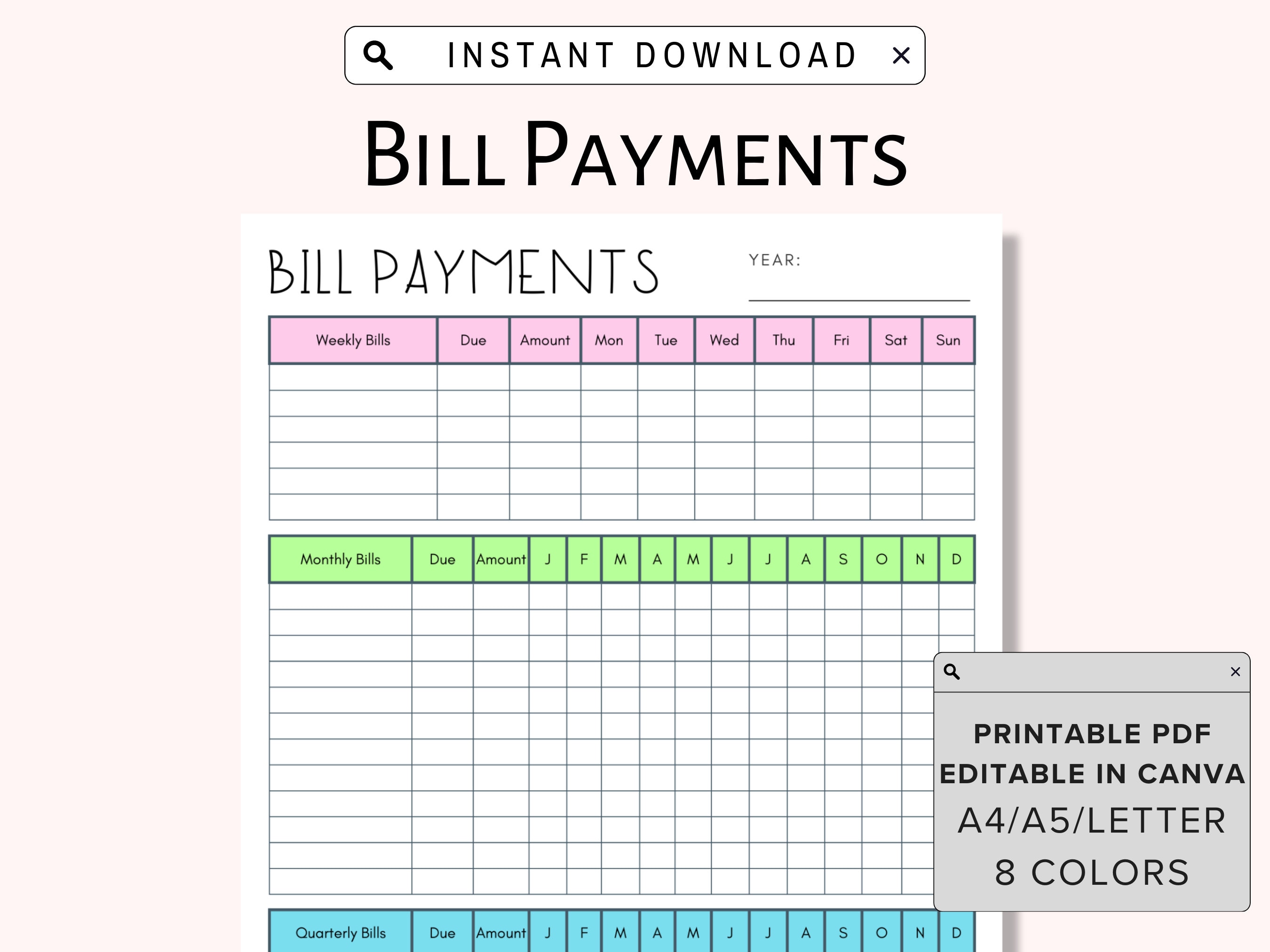 Editable Bills Checklist,bill Payment Tracker,bill Tracker,bill Payment ...