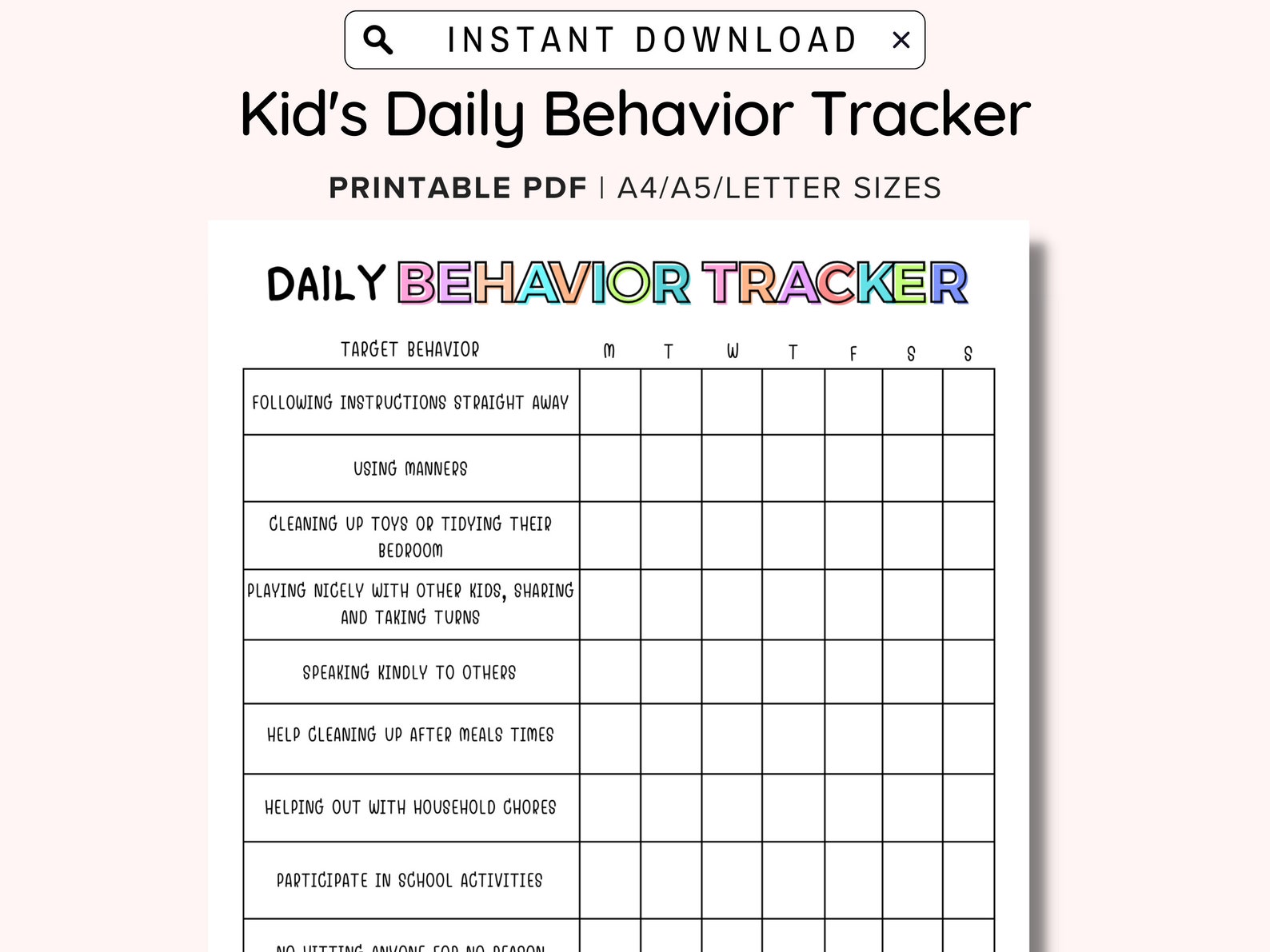 Daily Behavior Chart for Kids Printable, Good Behavior Tracking ...