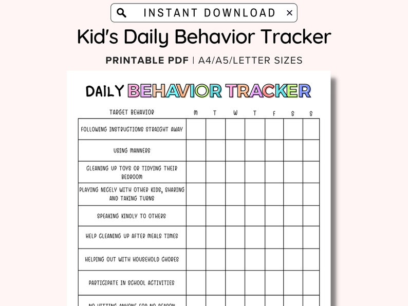 Daily Behavior Chart for Kids Printable, Good Behavior Tracking ...