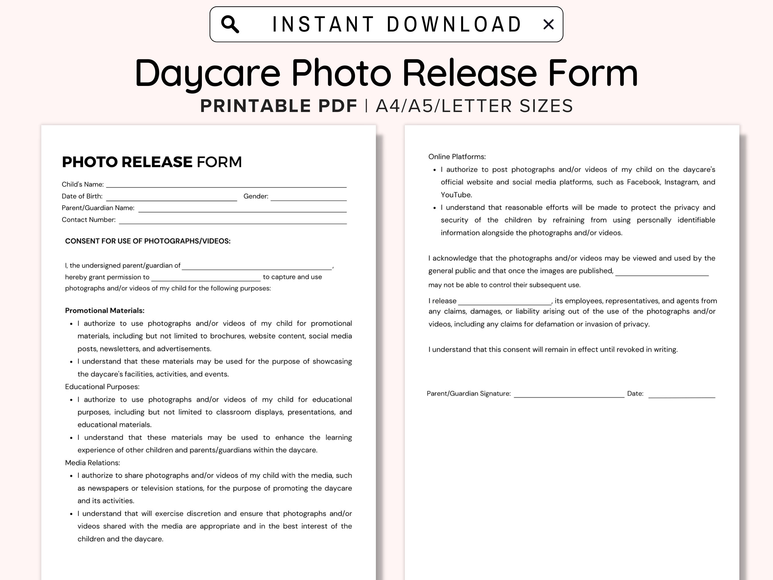 Daycare Photo Release Form Printable Childcare Center Social - Etsy