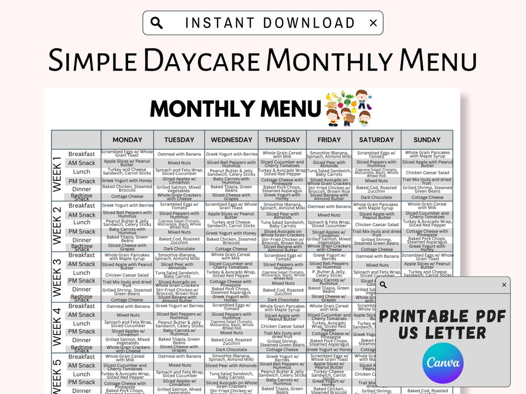 Editable Daycare Monthly Menu Template in Home Daycare Daily Schedule ...