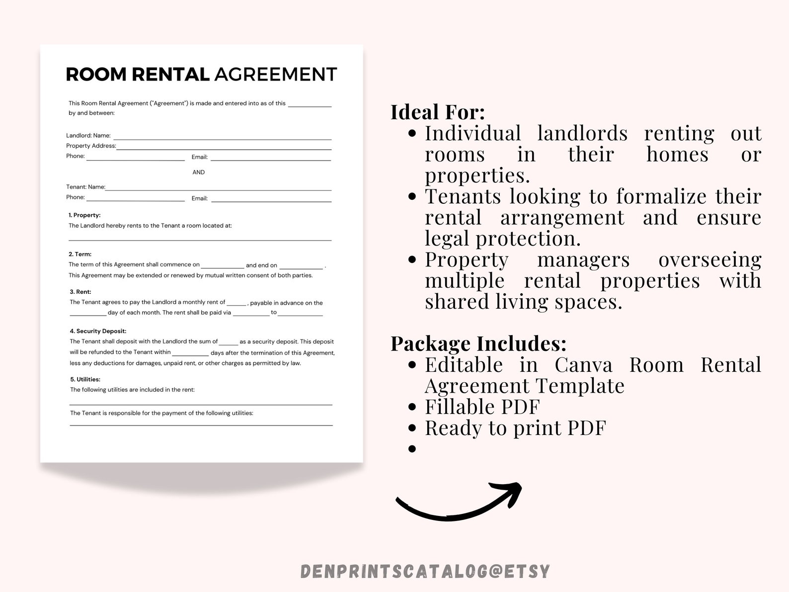 Fillable PDF Room Rental Agreement Printable Template Editable in Canva ...