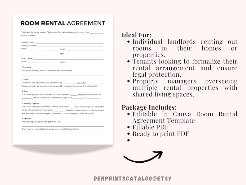 Fillable PDF Room Rental Agreement Printable Template Editable in Canva ...