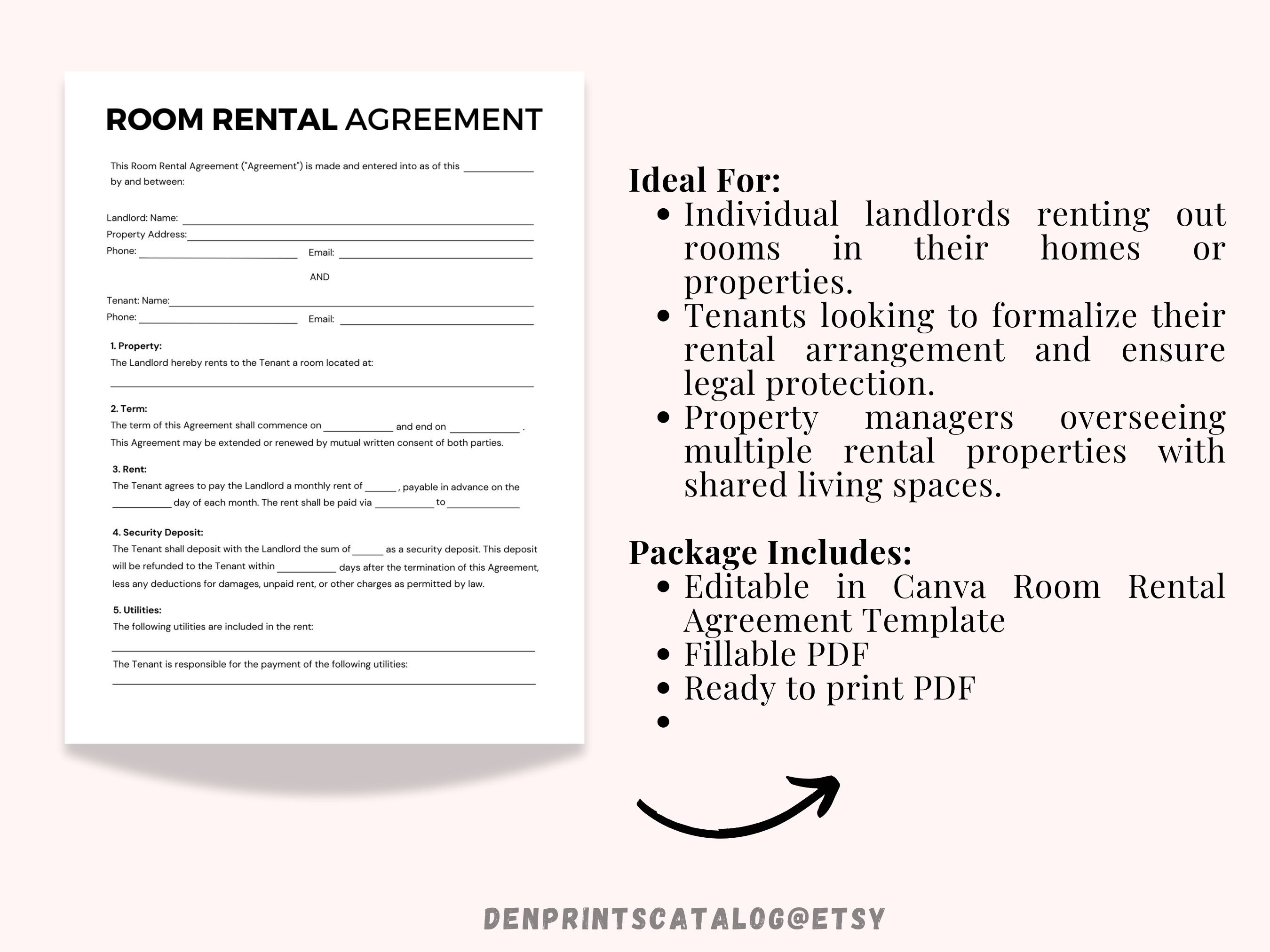 Fillable PDF Room Rental Agreement Printable Template Editable in Canva ...