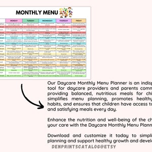 Home Daycare Monthly Menu Printable, Editable Daycare Meal Planner ...