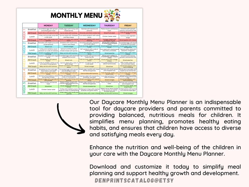 Home Daycare Monthly Menu Printable, Editable Daycare Meal Planner ...