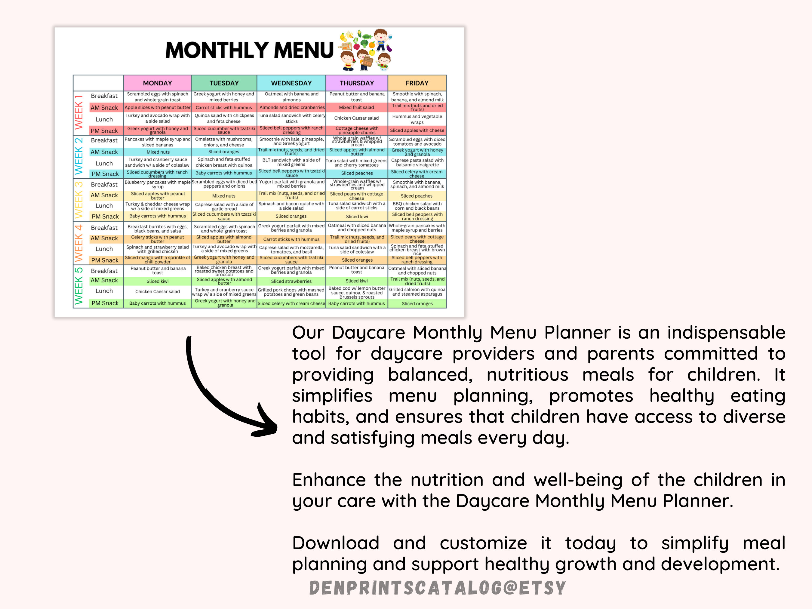 Home Daycare Monthly Menu Printable, Editable Daycare Meal Planner ...