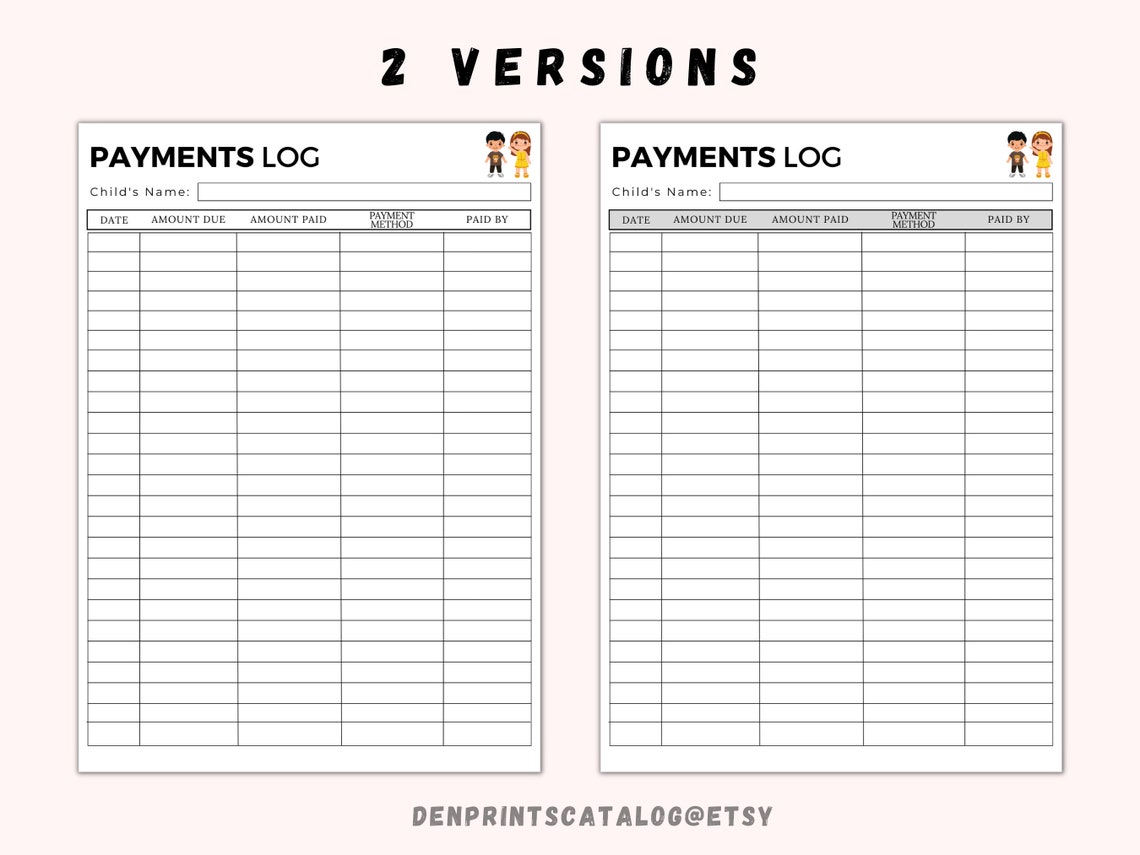 Tuition Payment Log Printable, Daycare Payment Log, Childcare Payment ...