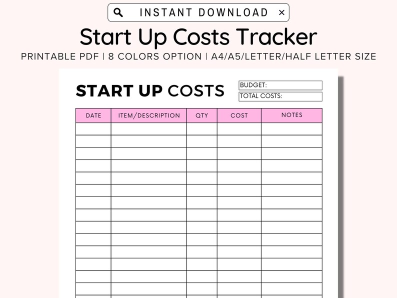 Start up Costs Tracker Printable Business Costs Financial - Etsy