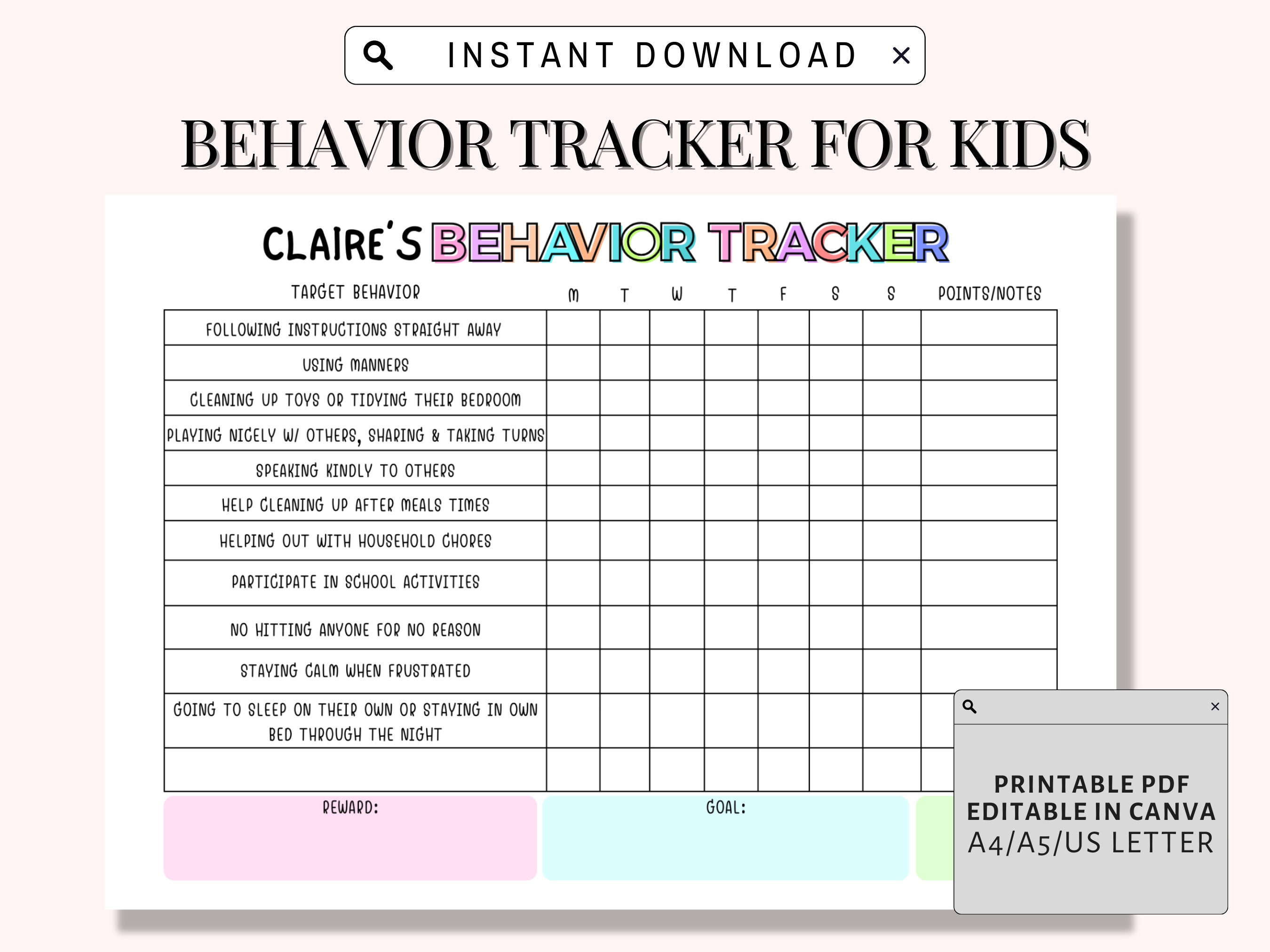 Behavior Reward Chart for Kids Printable, Editable, Good Behavior ...