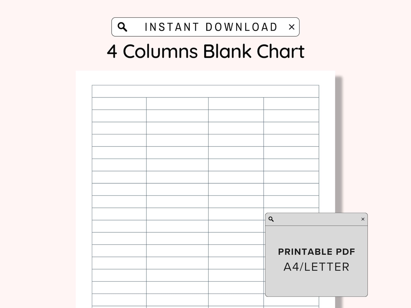 4 Blank Columns Chart Text Input Print and Write Printable Digital Download, Blank Column ...