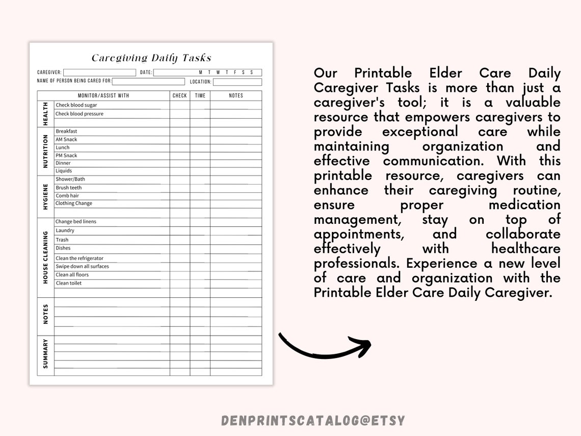 Caregiving Daily Tasks Log Printable, Elderly Care Caregiving Checklist ...