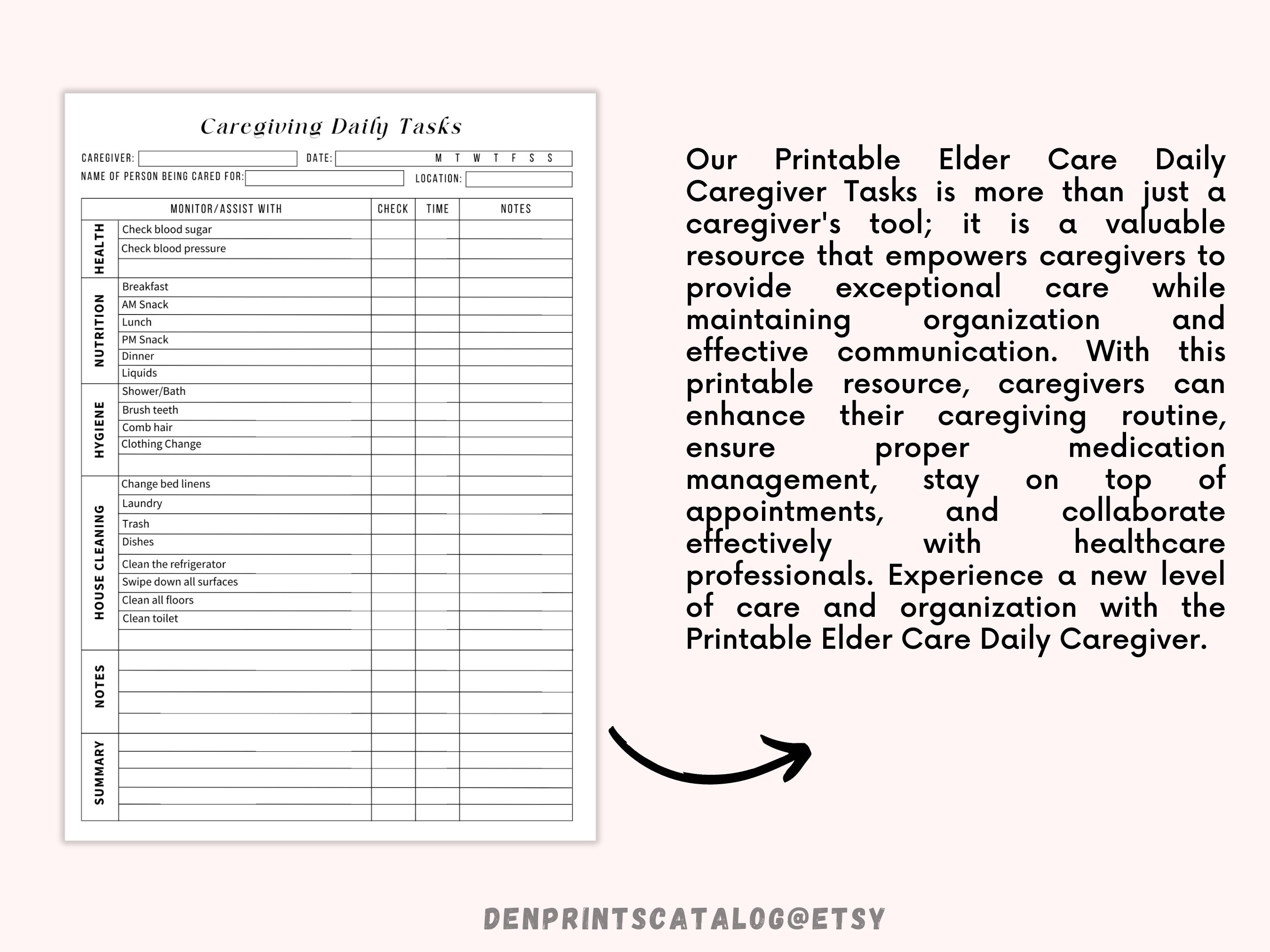 Caregiving Daily Tasks Log Printable, Elderly Care Caregiving Checklist ...