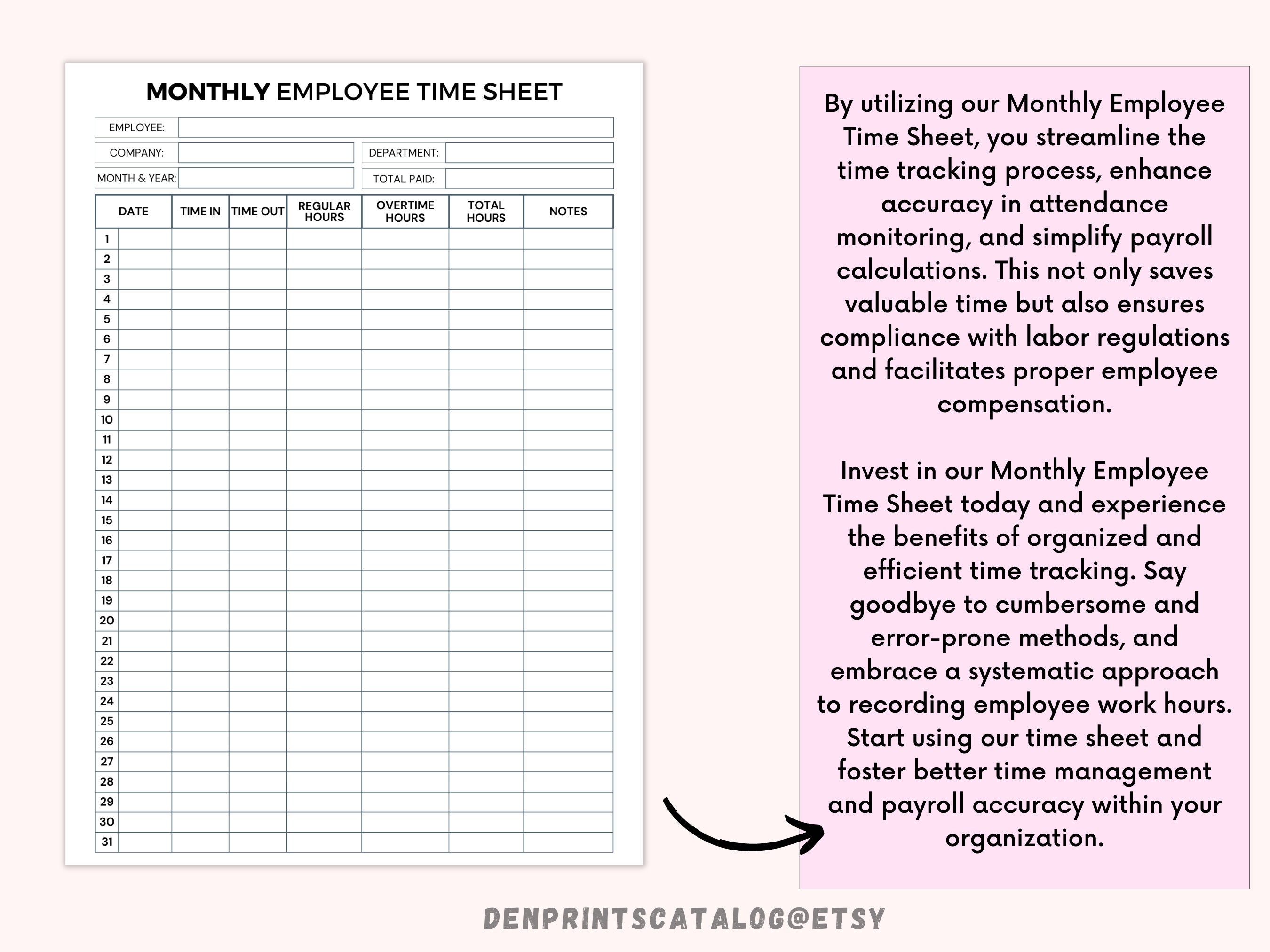 Monthly Employee Timesheet Printable Timesheet Form Employee - Etsy UK