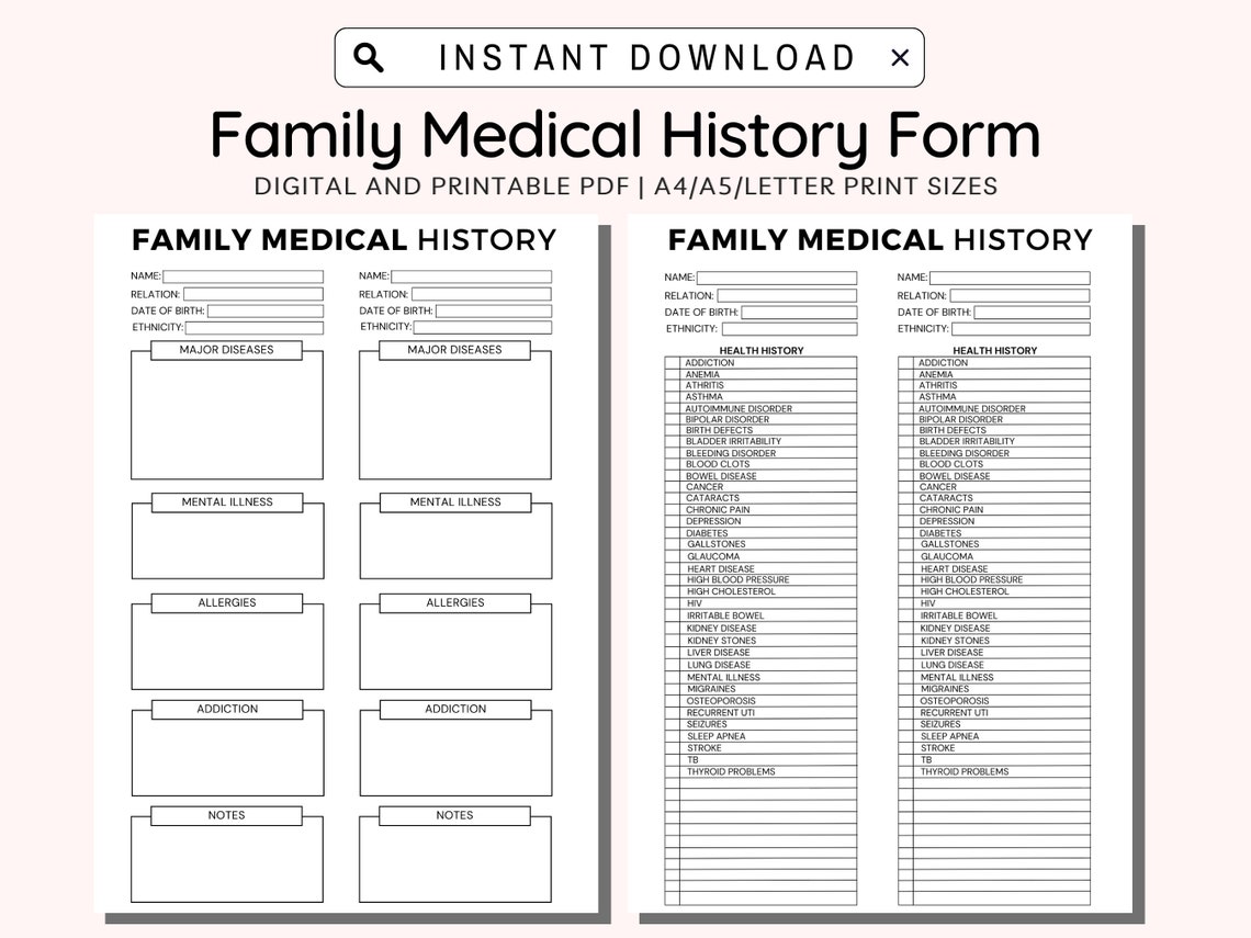 Medical History Form Printable, Family Medical History Form, Family ...