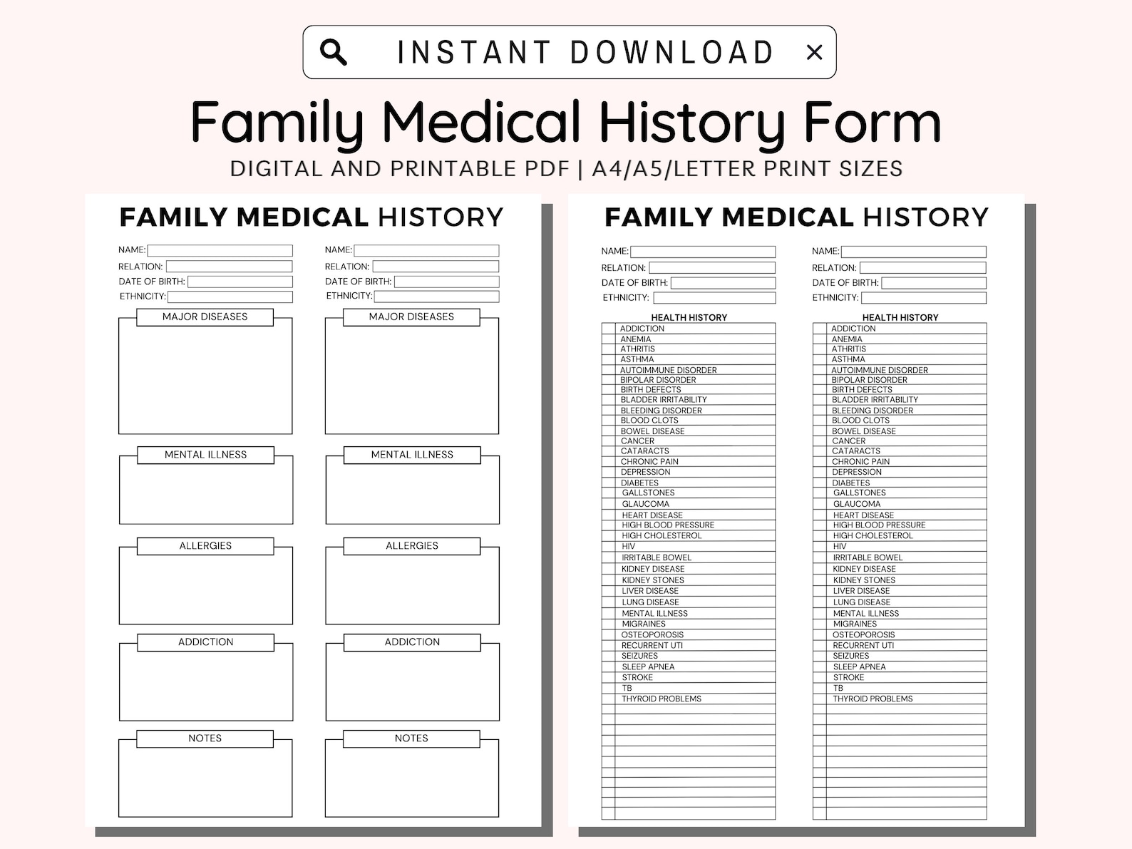 Medical History Form Printable, Family Medical History Form, Family ...