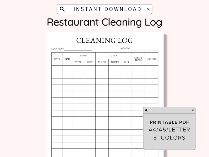 Weekly Bathroom Cleaning Chart Printable, Restroom Cleaning Log for ...