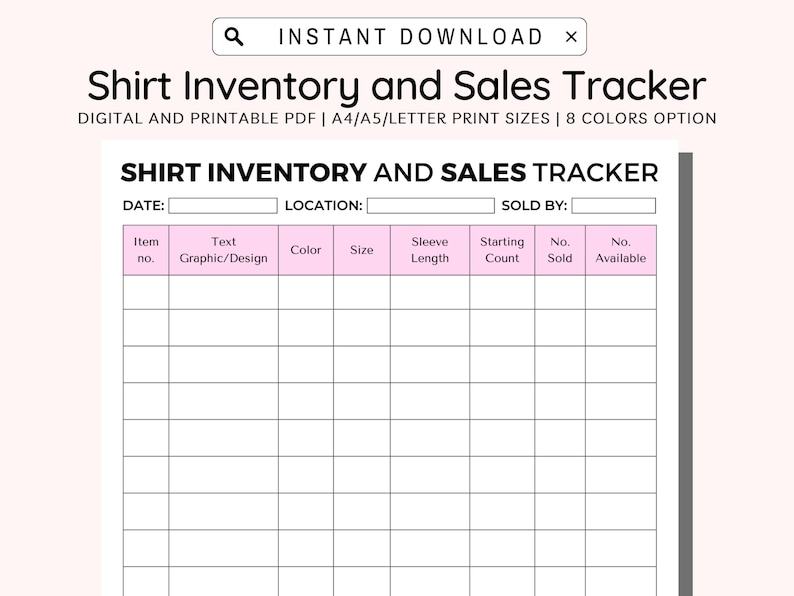 Shirt Inventory and Sales Tracker Printable, Sales Log Sheet, Inventory ...