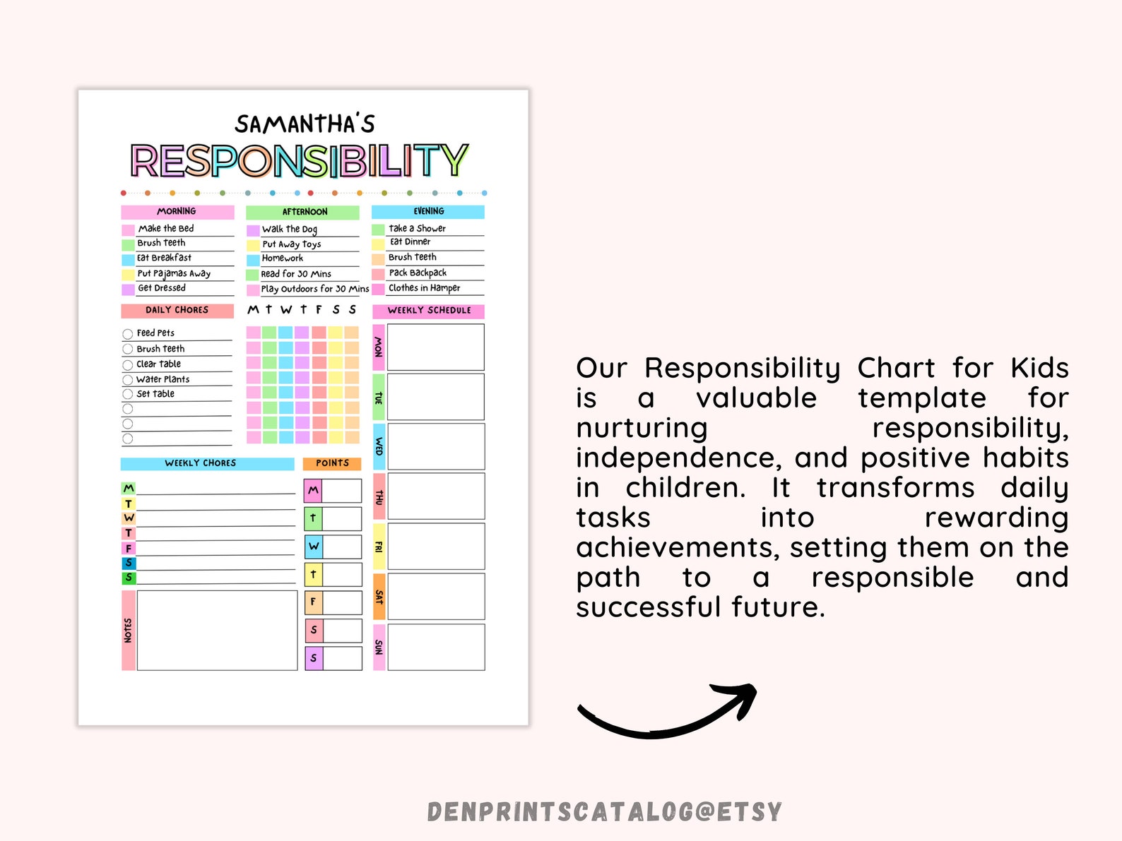 Responsibility Chore Chart for Kids Printable, Kids Daily Weekly ...
