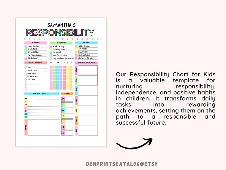 Responsibility Chore Chart for Kids Printable, Kids Daily Weekly ...