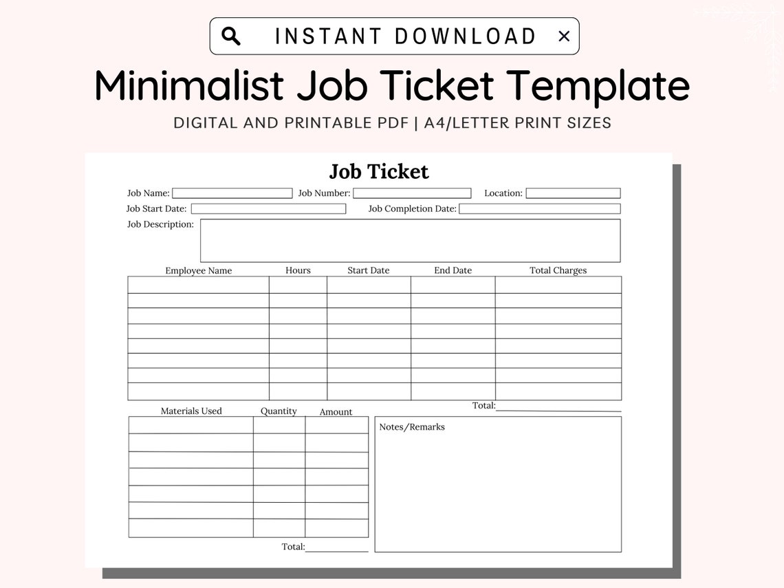 Job Ticket Printable, Work Order Form Template, Work Order Receipt ...