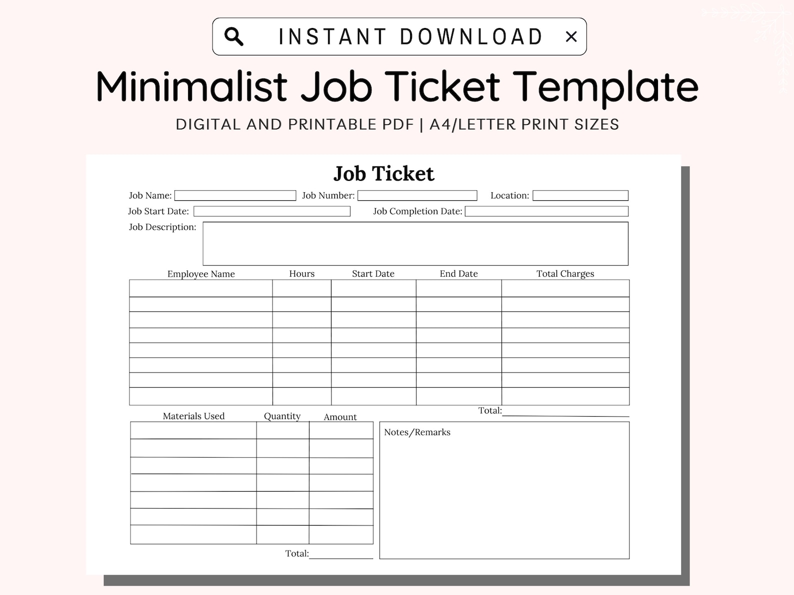 Job Ticket Printable, Work Order Form Template, Work Order Receipt ...