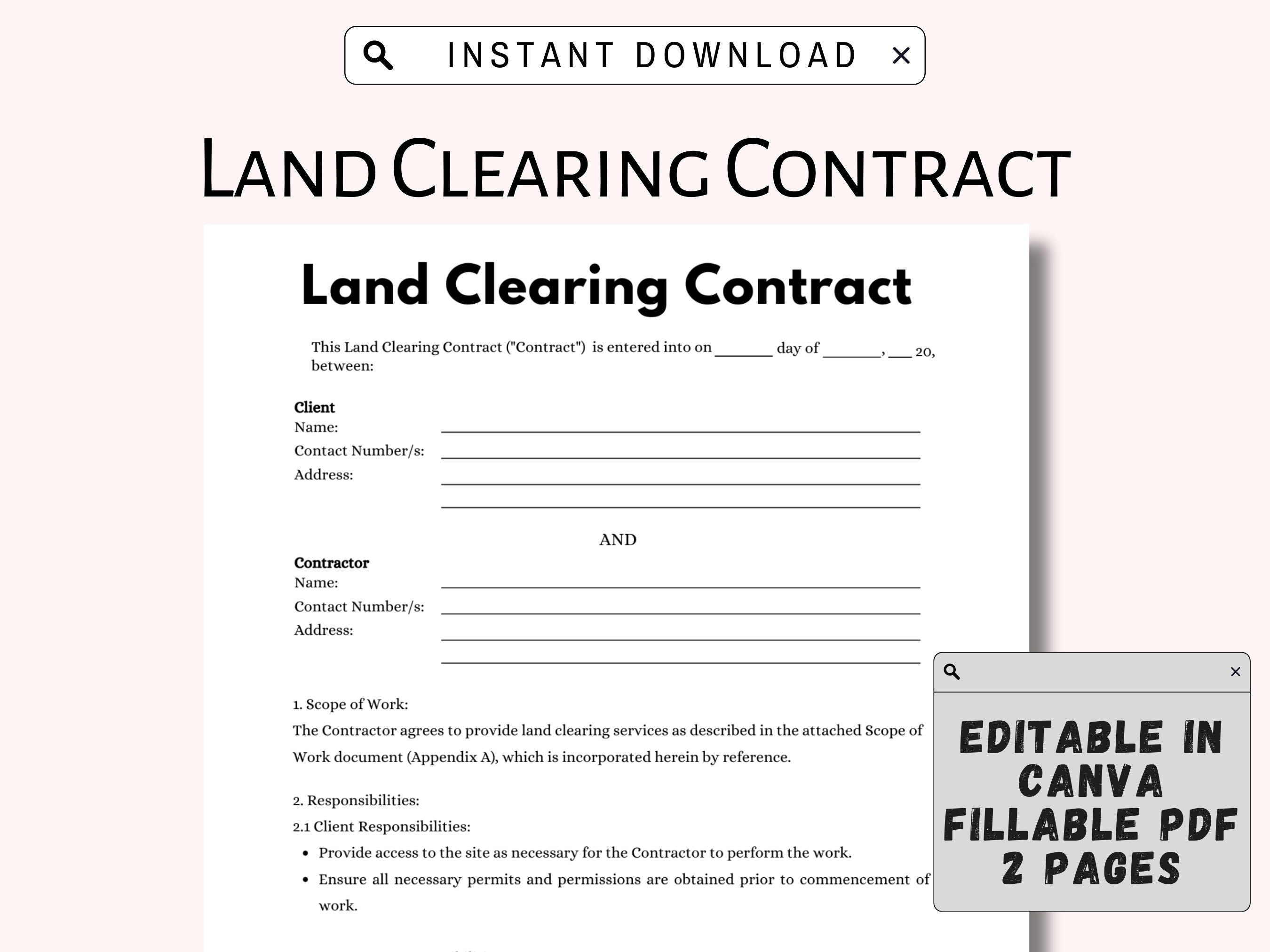 Fillable PDF Land Clearing Contract Template Editable in Canva ...