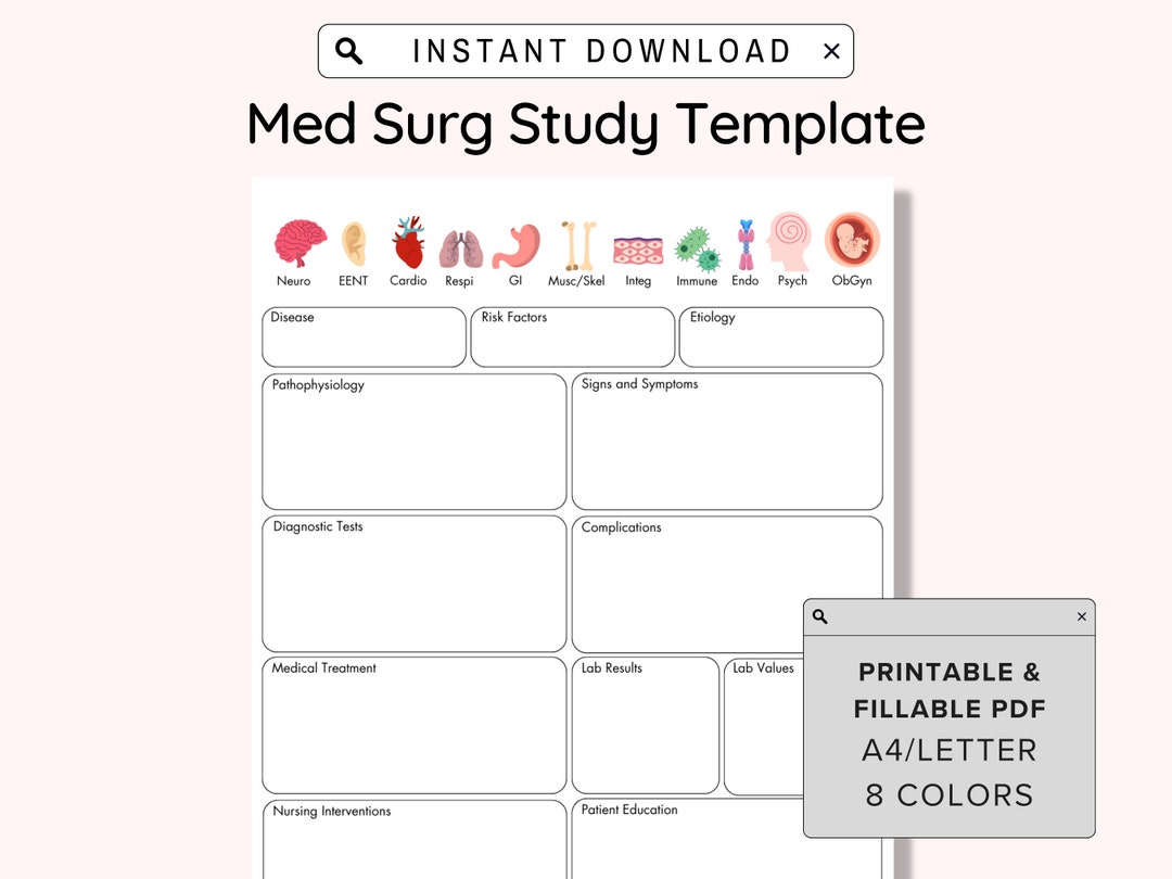 Fillable Med Surg Study Template, Nursing School Medical Surgical Disease Process Template ...